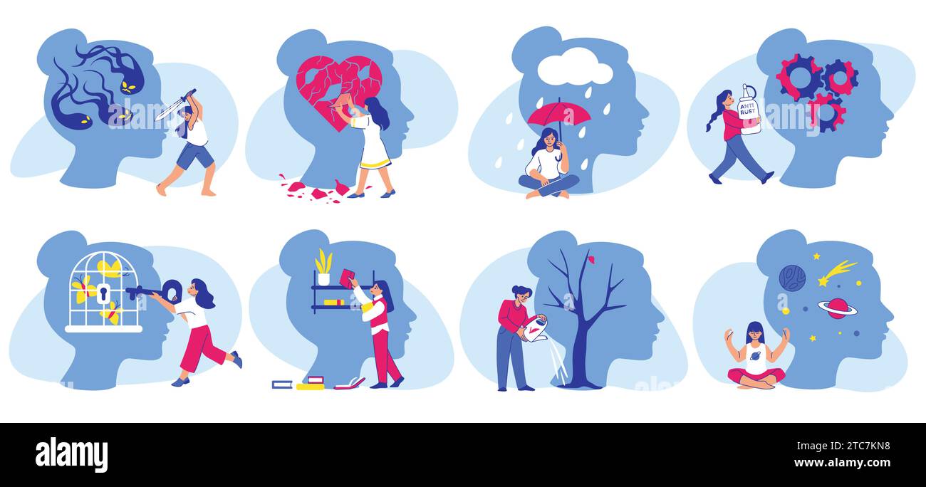 Mental health. Human brain disorder. Female meditation in crisis ...