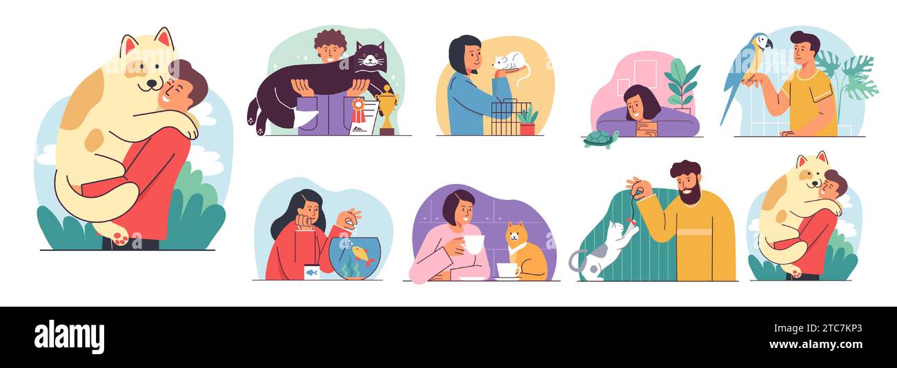 People pets. Men and women hold dog and cat, family owner love and care ...