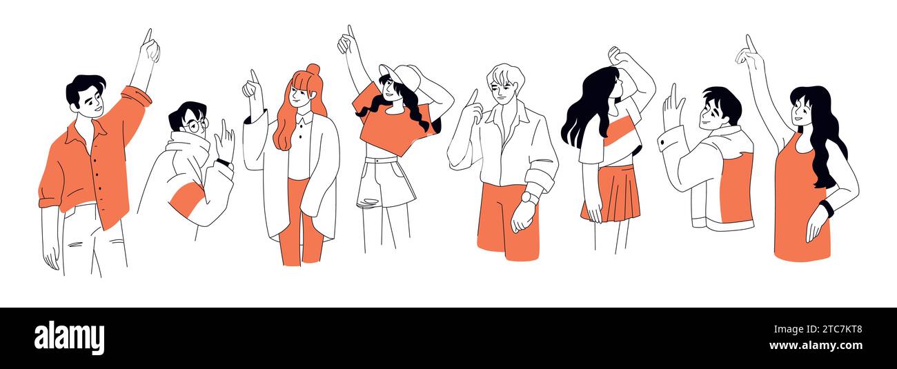 Persons looking up. Line people, fingers and hands gestures, hope ...