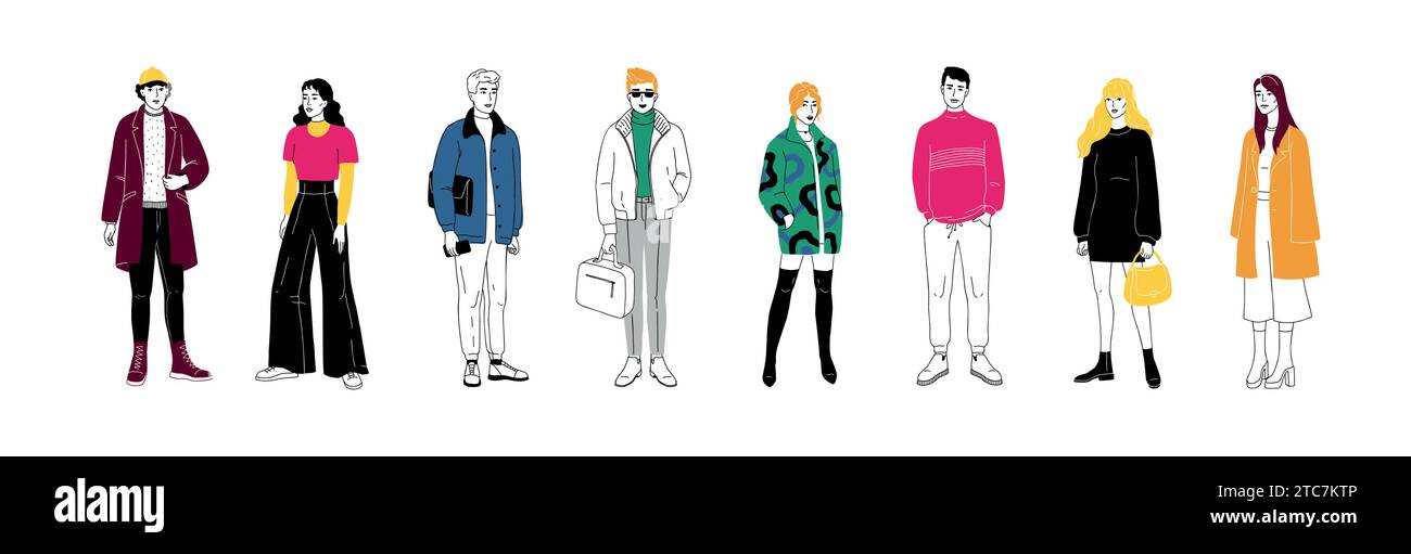 Fashion people. Sketch model characters. Doodle comic men or women in ...