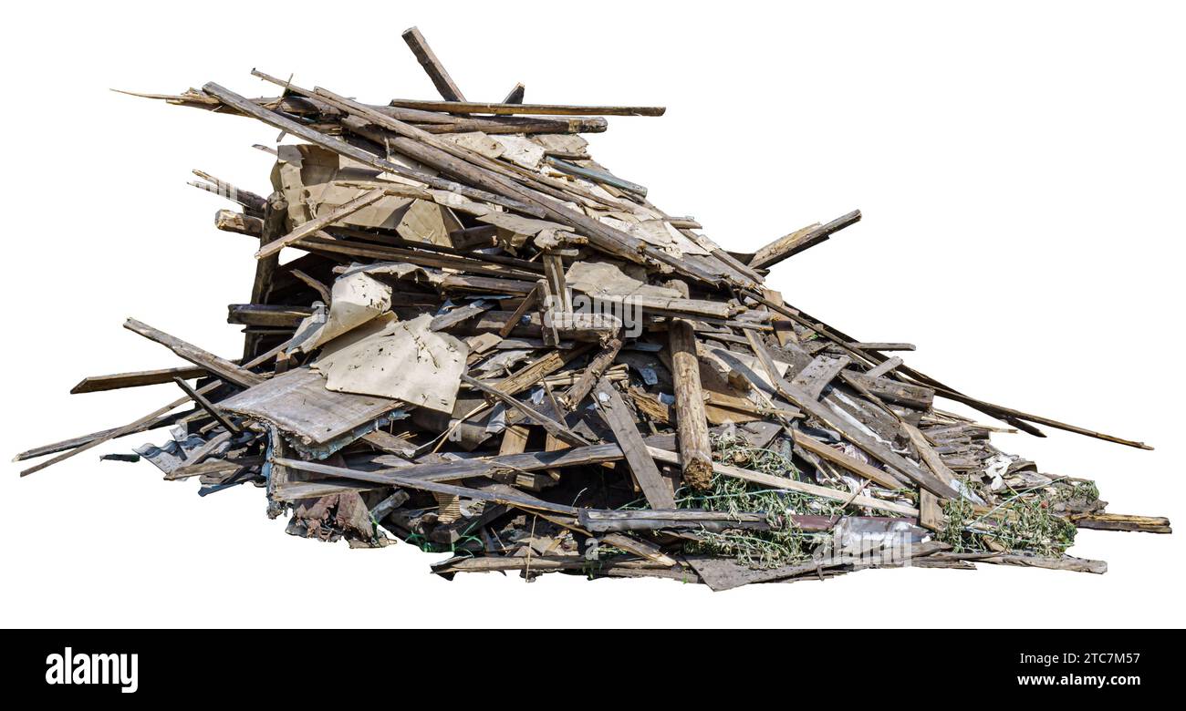 Pile of construction garbage and old boards isolation Stock Photo - Alamy