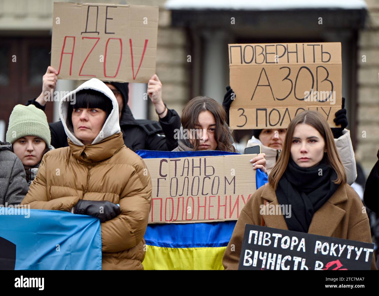 LVIV, UKRAINE - DECEMBER 10, 2023 - Activists hold placards outside the ...