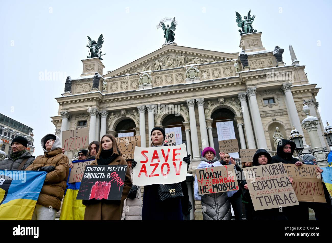LVIV, UKRAINE - DECEMBER 10, 2023 - Activists hold placards outside the ...