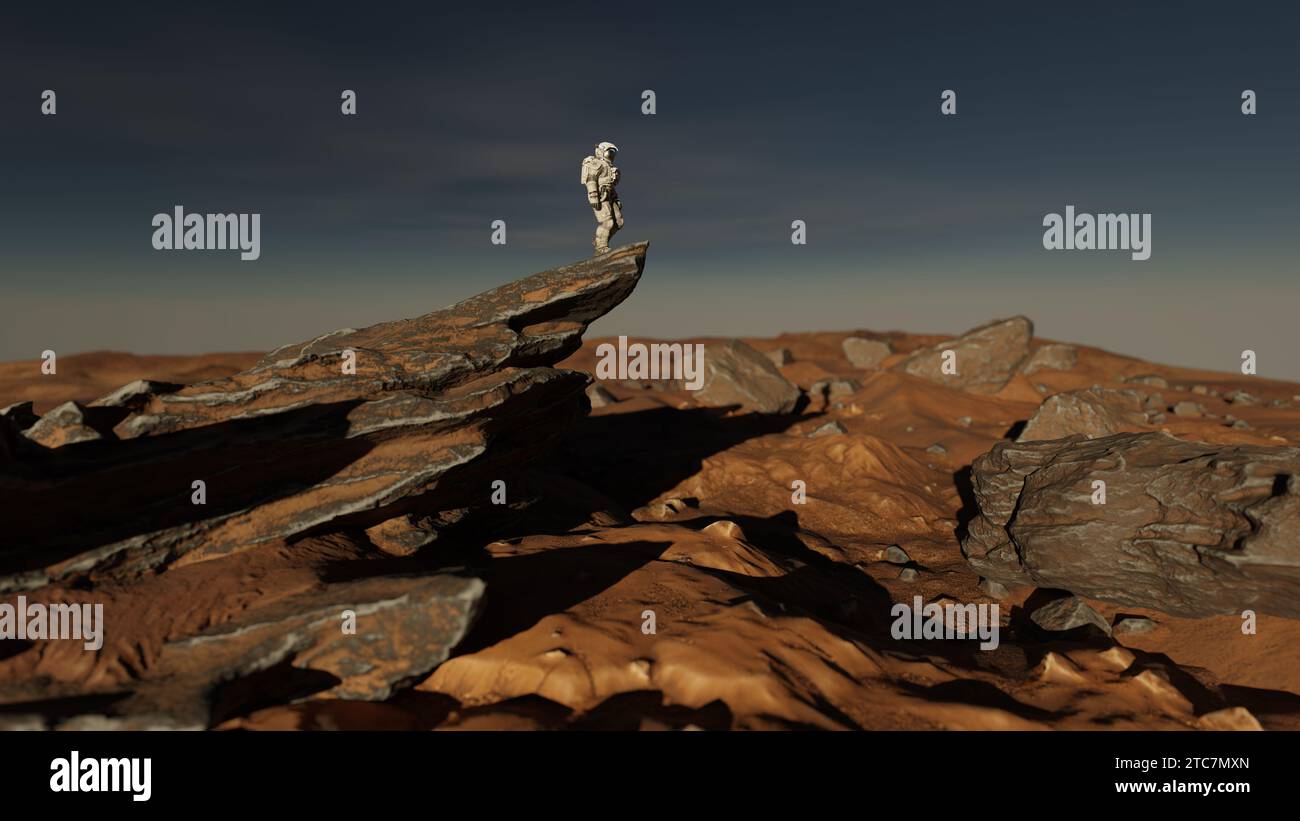 Astronaut on alien planet, red planet Mars. Space exploration, Martian ...