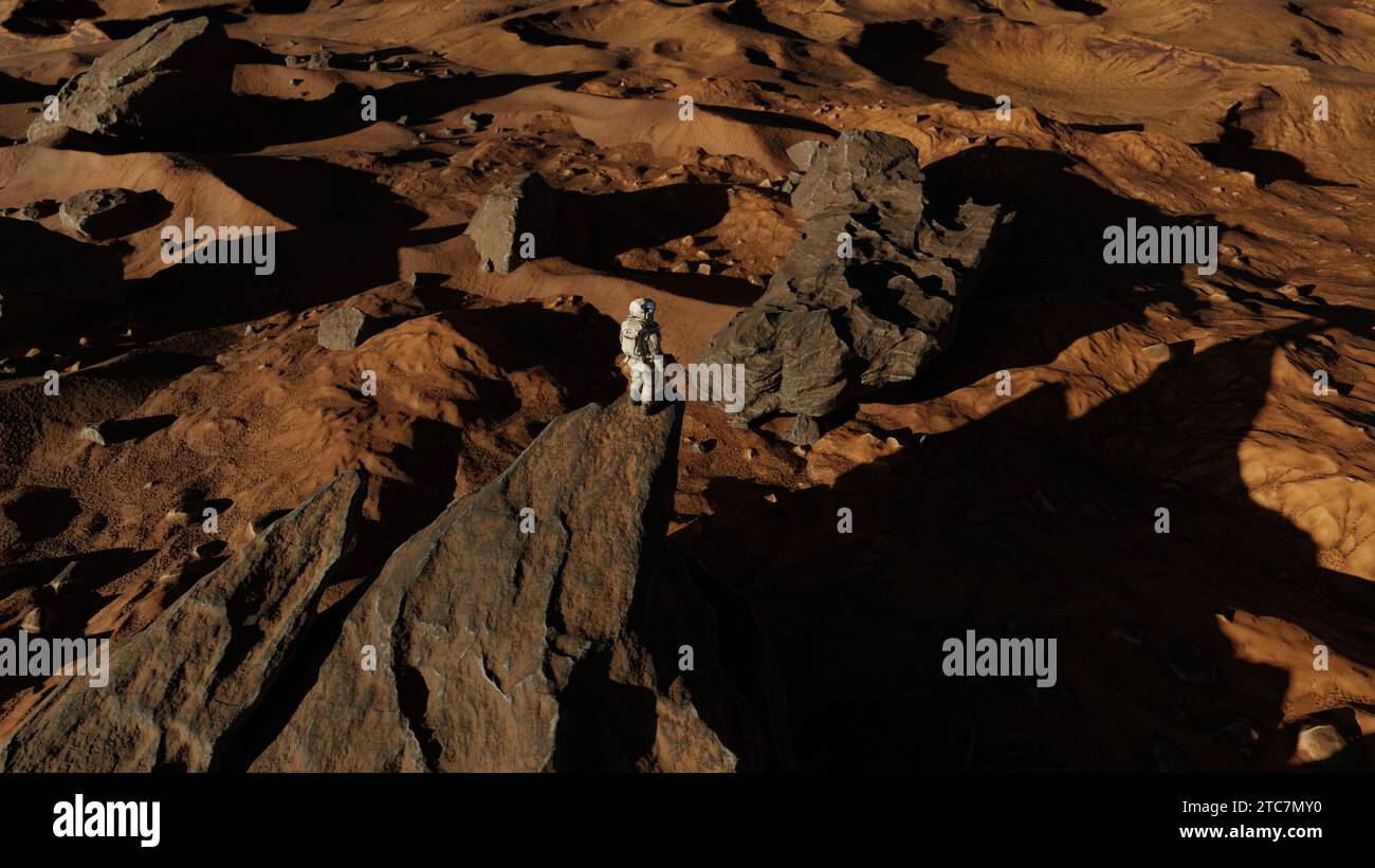 Astronaut on alien planet, red planet Mars. Space exploration, Martian ...