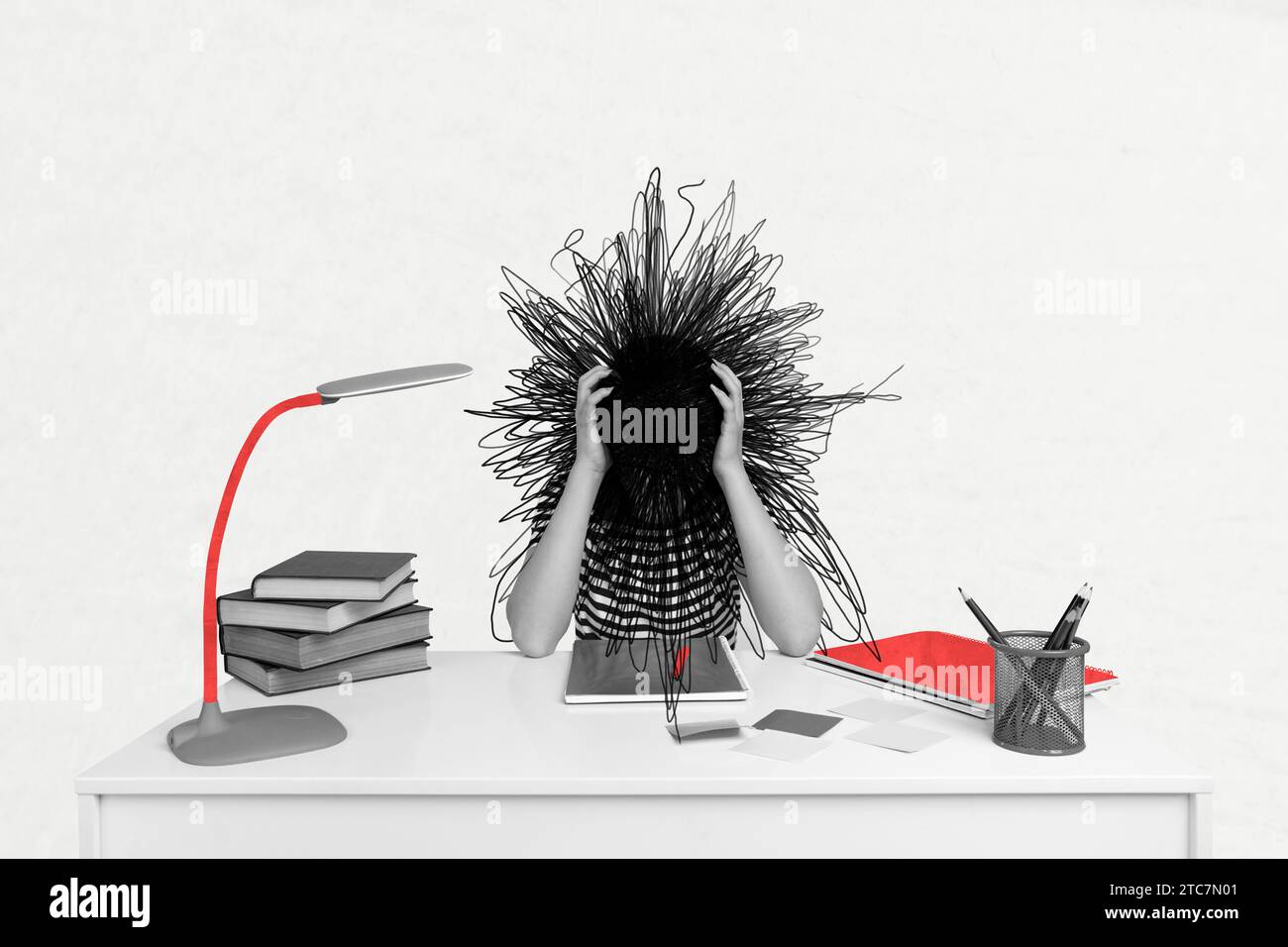 Creative abstract template collage of tired student chaos thoughts ...