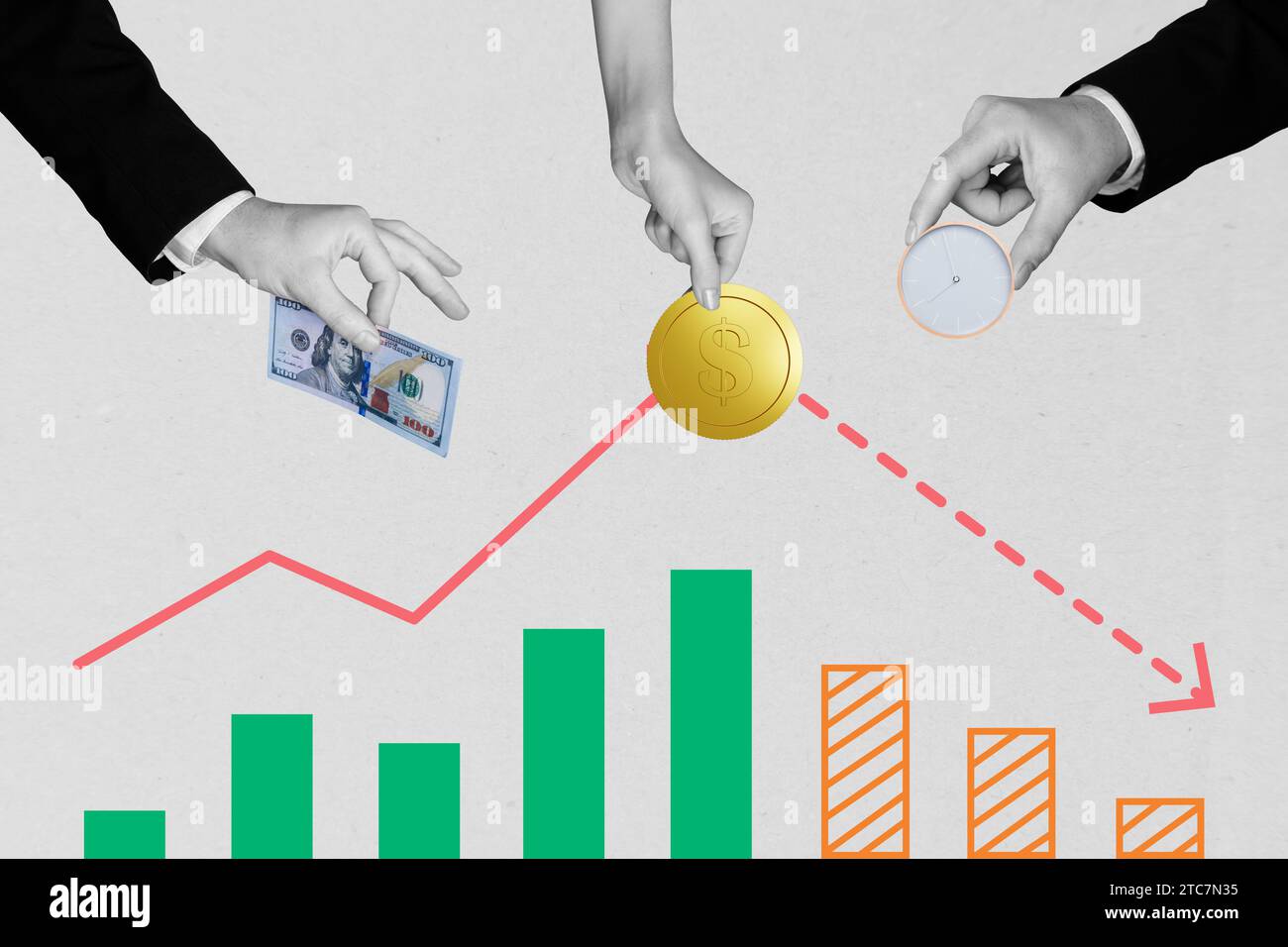 Collage picture illustration three human hands give touch banknote ...