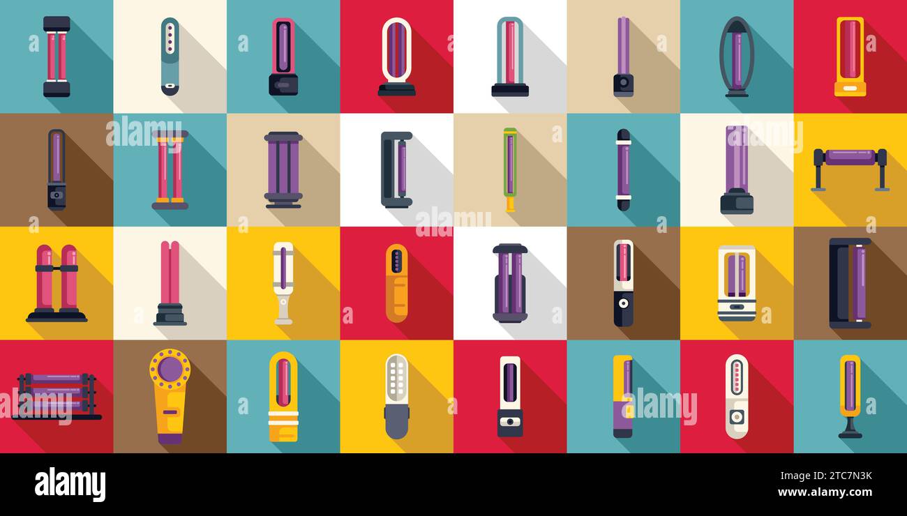 Ultraviolet portable sterilizer icons set flat vector. Bacterium bulb ...