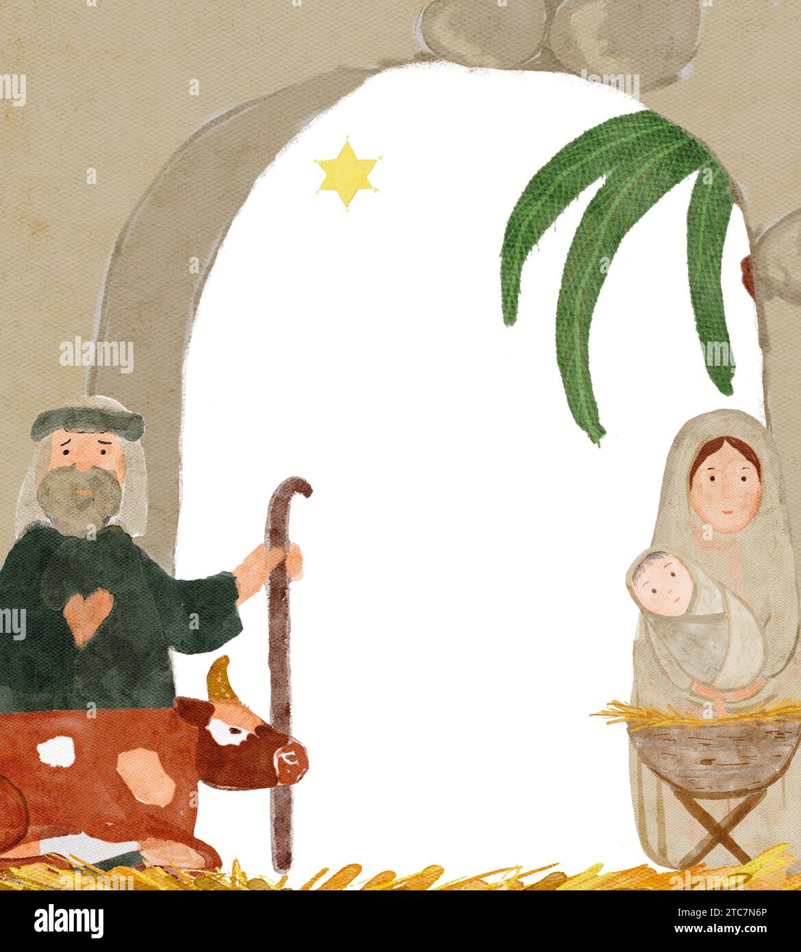 Hand painted watercolor card with manger, Mary, barn, shepherd, animals ...