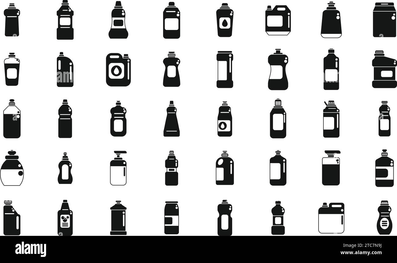 Dishwasher detergent icons set simple vector. Tabs advertising clean. Bottle liquid plastic ...