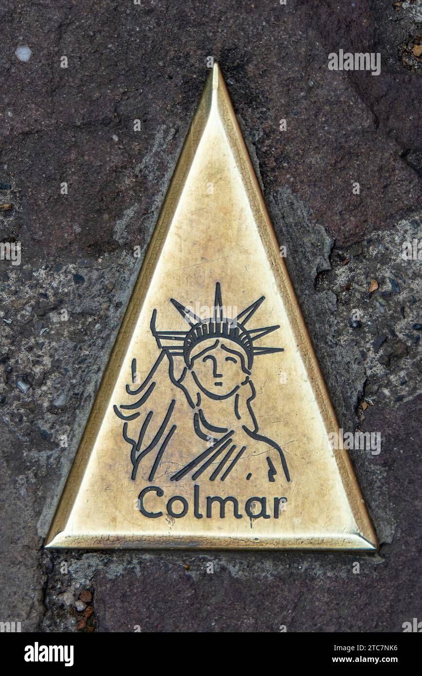 Colmar, France, July 23, 2023. Triangular pavement with the Statue of ...