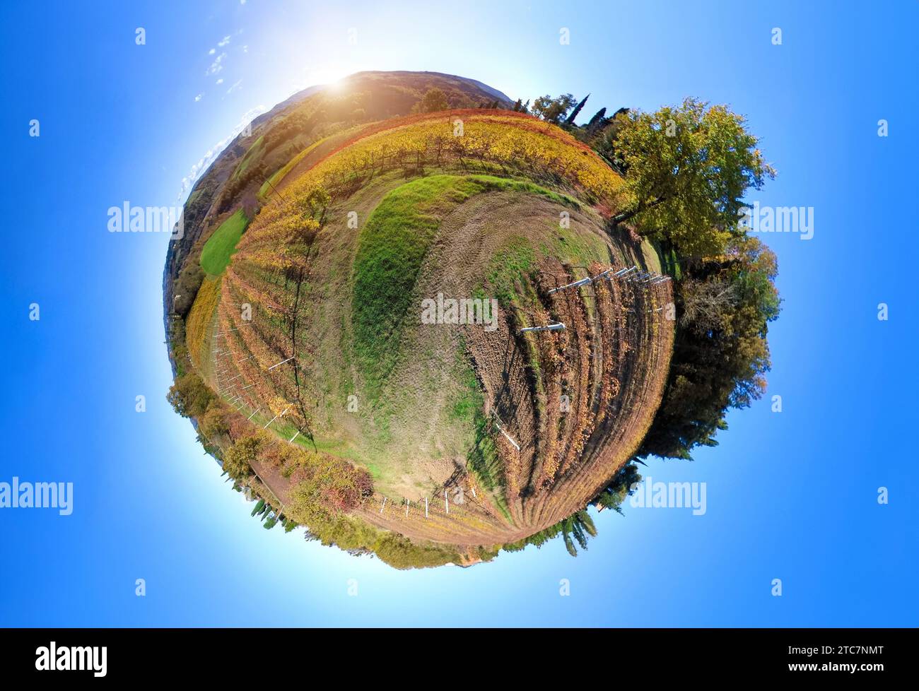 360 Aerial view tiny planet of Emilia in Italy: Valsamoggia terrace ...
