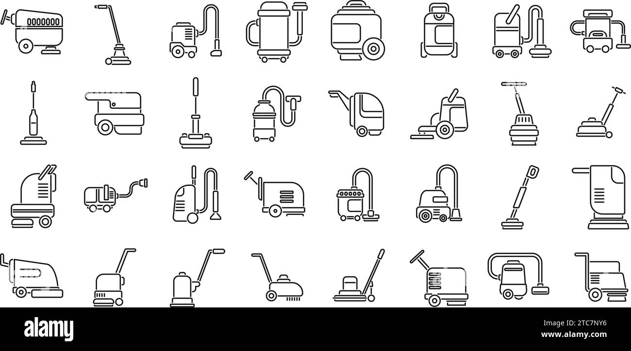 Floor washing machine icons set outline vector. Cleaning staff. Job ...