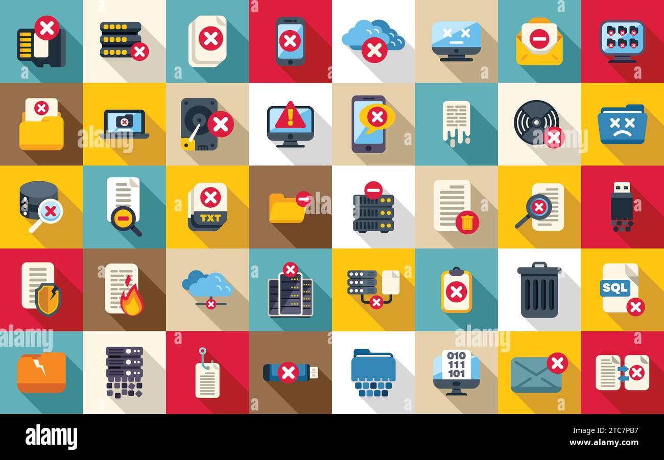 Data loss icons set flat vector. Cloud access key. Erase system Stock ...