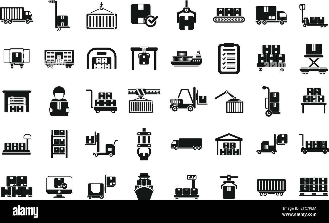 Loading of goods icons set simple vector. Delivery package box. Container equipment Stock Vector ...