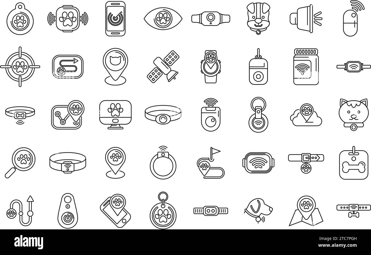 Pet tracker icons set outline vector. Animal care control. Dog alarm lost Stock Vector Image ...
