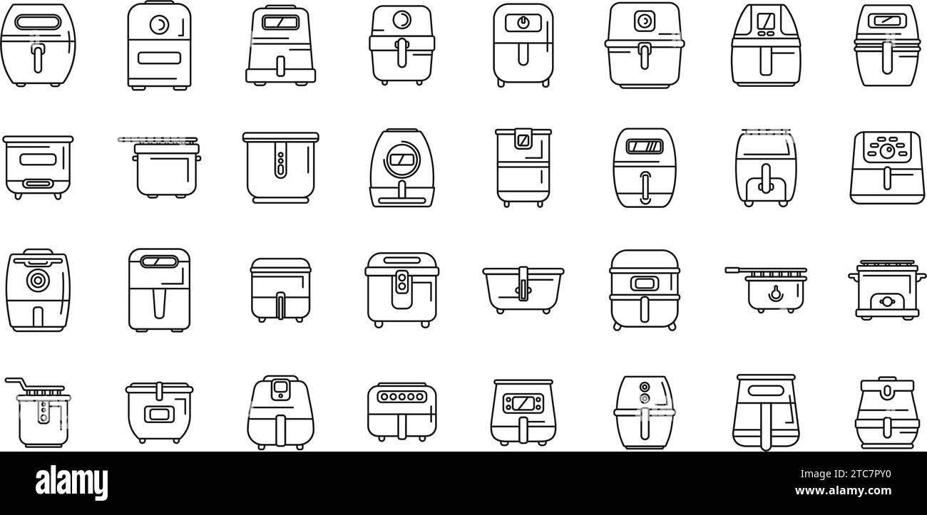Air fryer icons set outline vector. Fry bakery cook. Healthy chip food ...