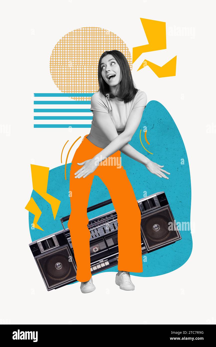 Creative vertical collage poster young stylish dancing lady sing song ...