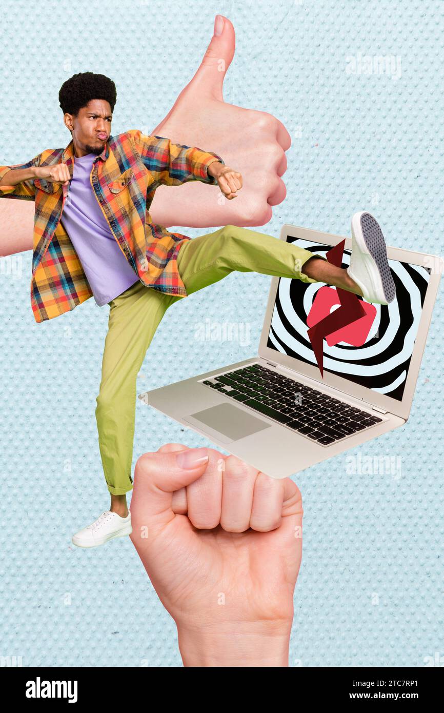 Vertical collage of aggressive young student man kick leg destroying ...