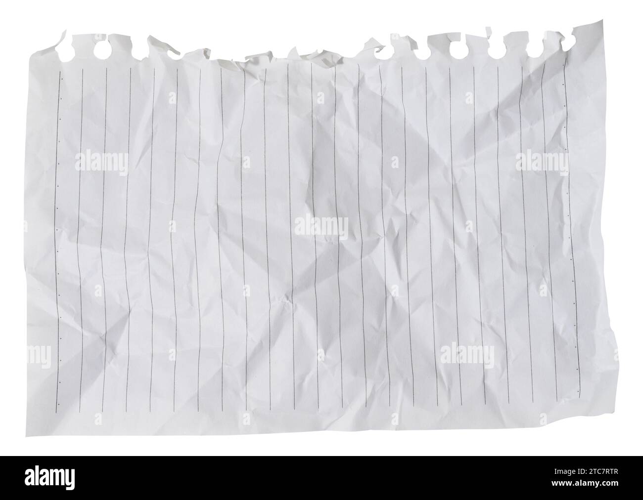 Torn and crumpled sheet from a notebook in a line on a white isolated ...