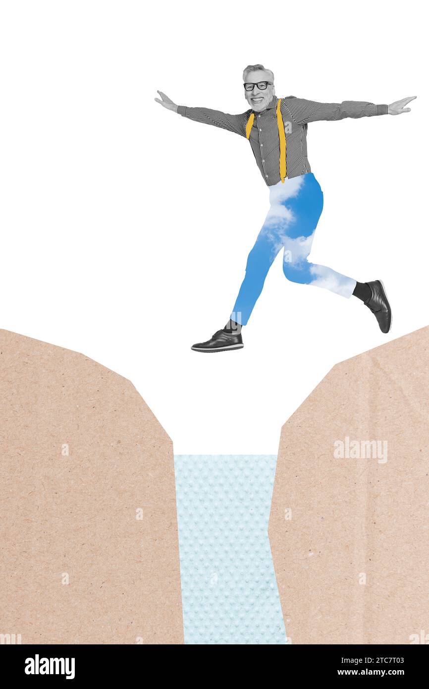 Vertical creative collage picture of old man business owner jumping ...