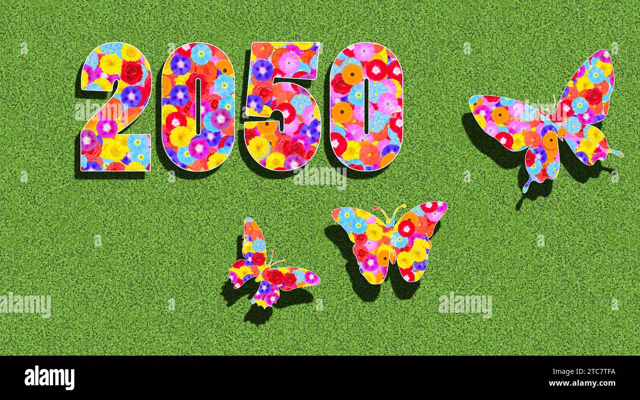 Graphic, text, number, year 2050 with many colorful flowers ...