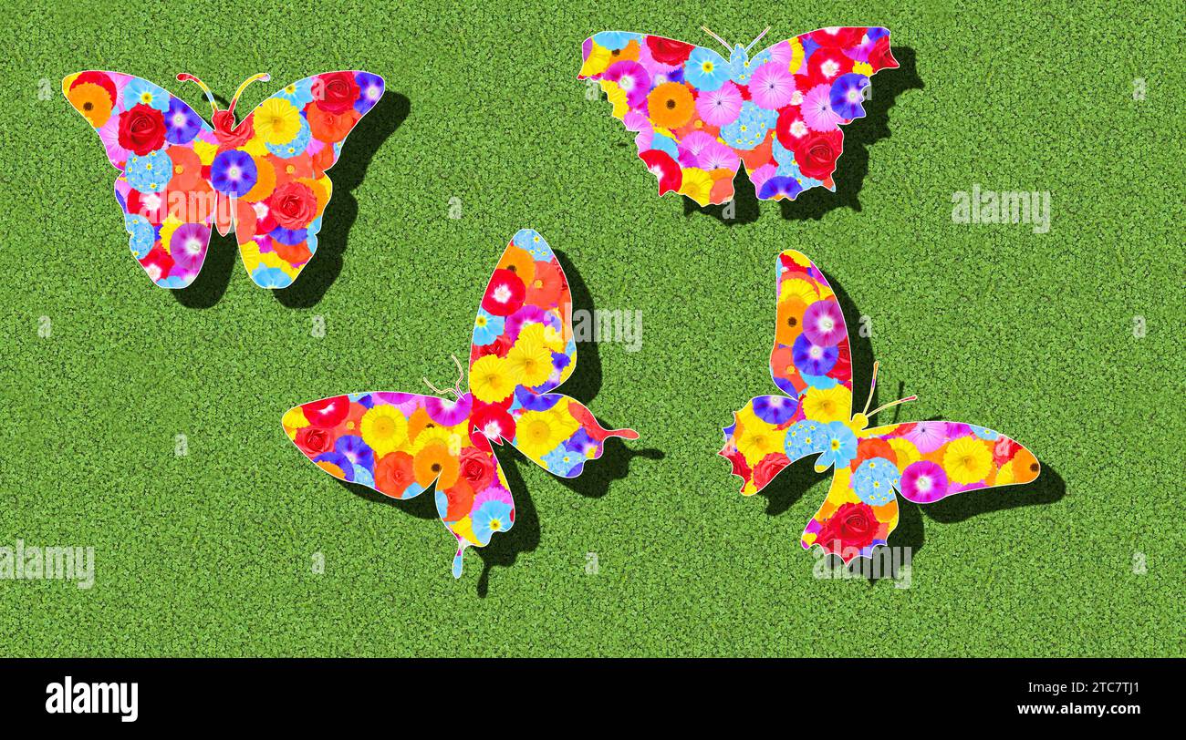 Graphic, 4 butterflies, flying, with many colorful flowers on a green ...