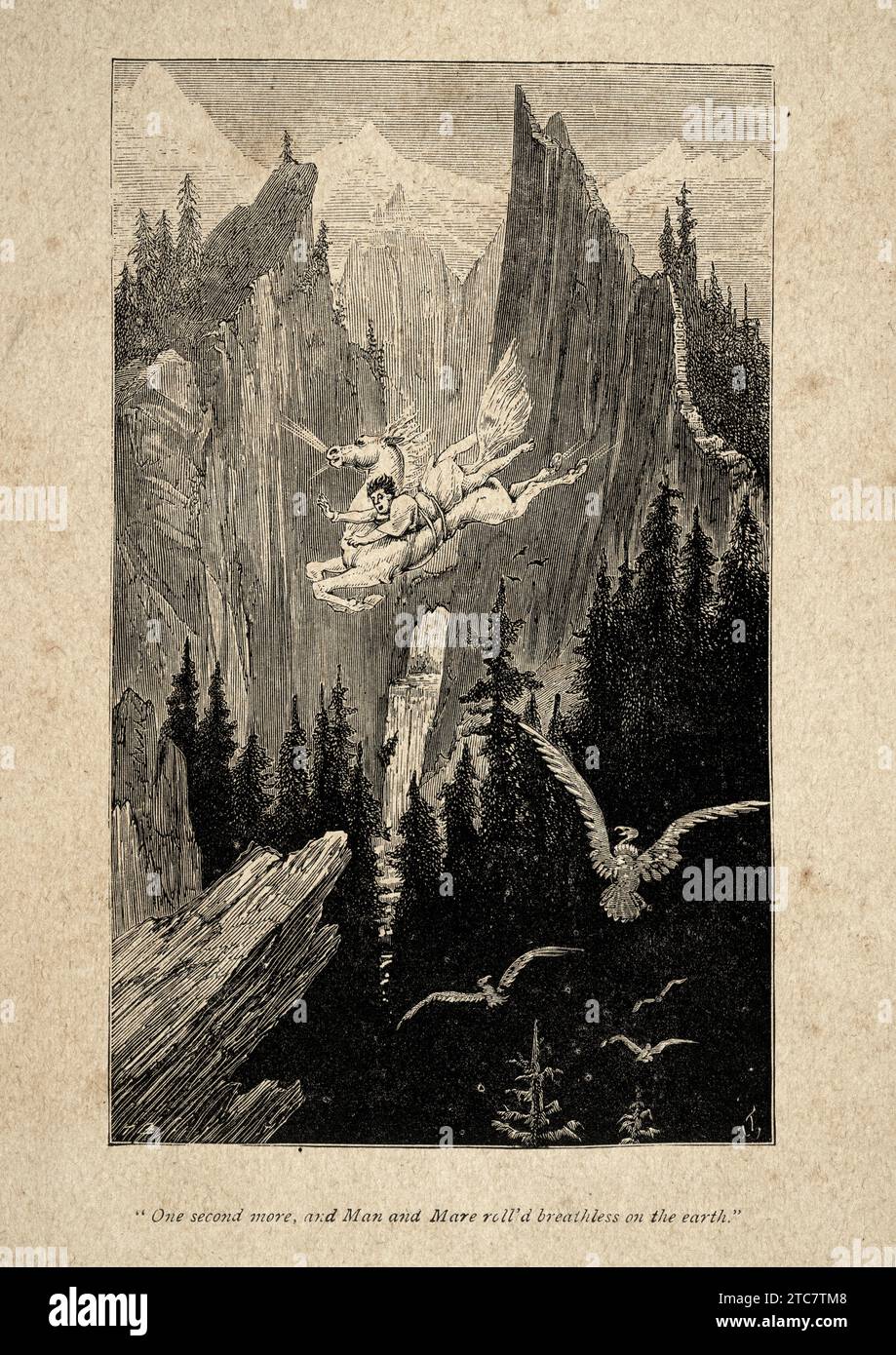 Man tied to a horse falling from the sky, Vintage illustration from a ...