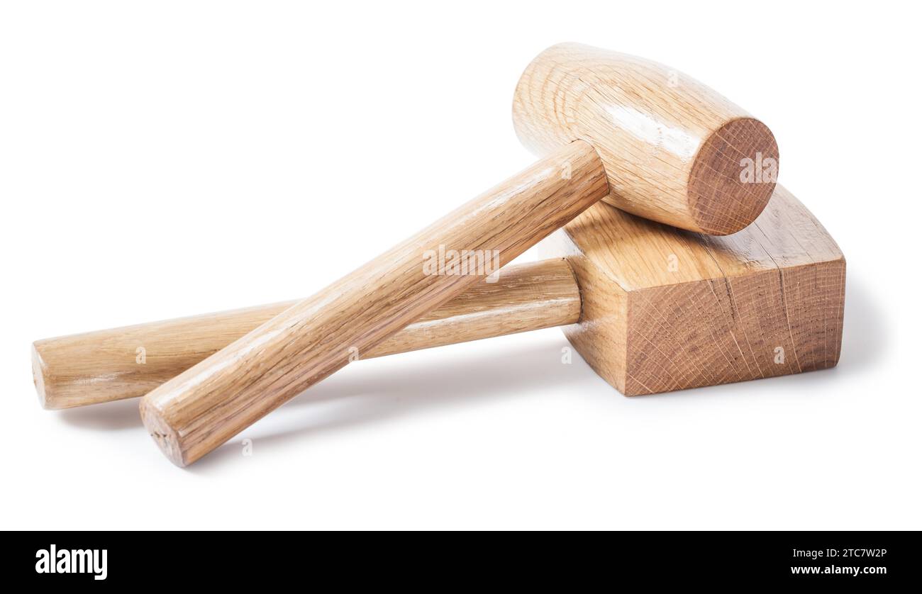 Two wooden mallets woodworkers tools isolated on white bavkground Stock ...