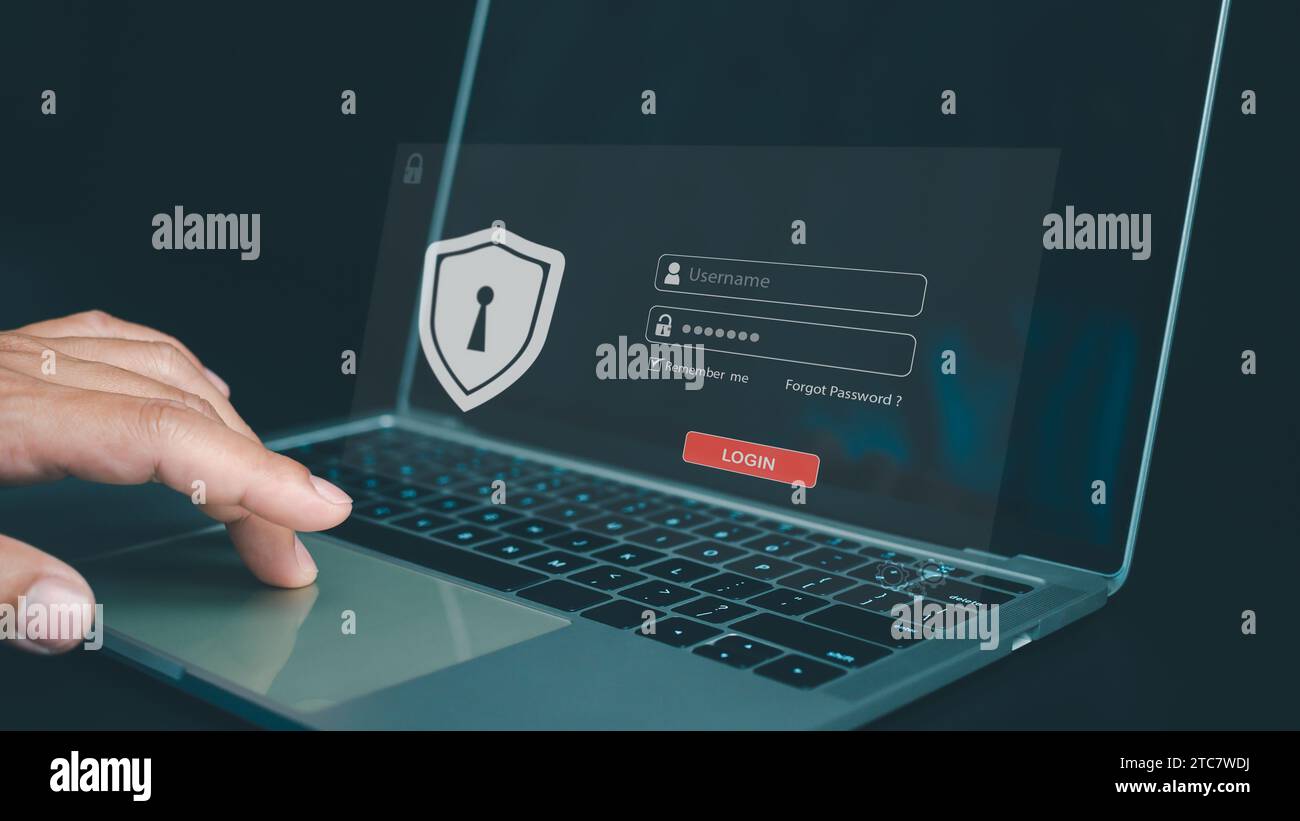 Cyber security and password login concept, Hands uses computer and ...