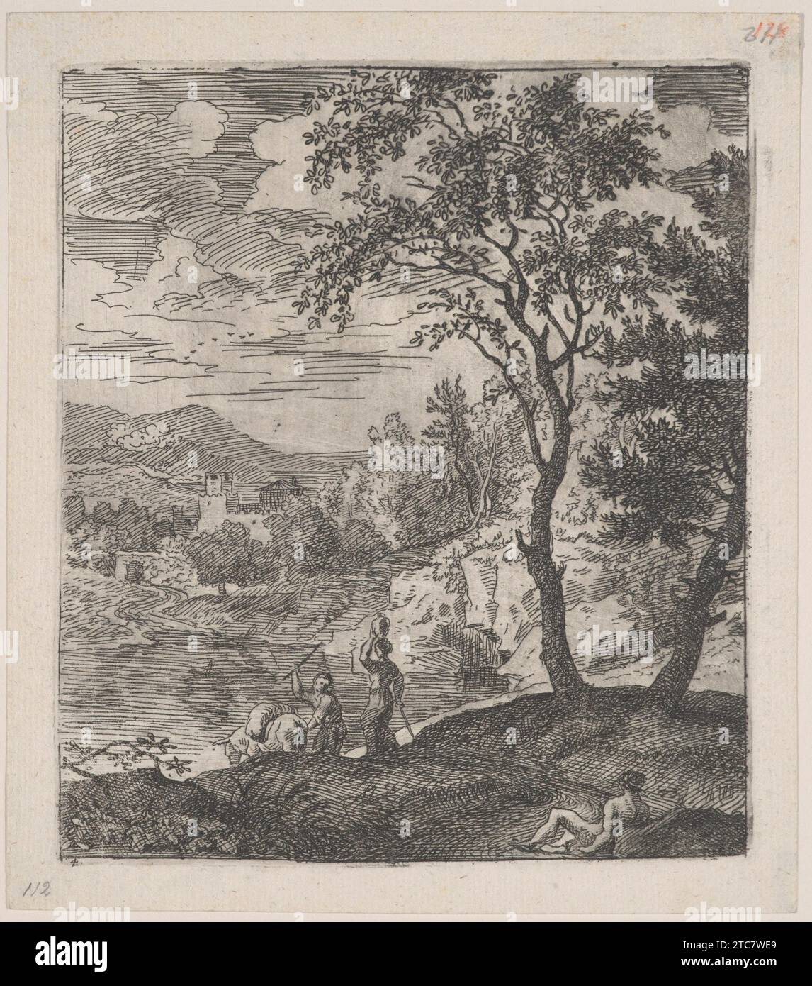 Plate 4: a peasant with a donkey on a riverbank, a woman walking ...