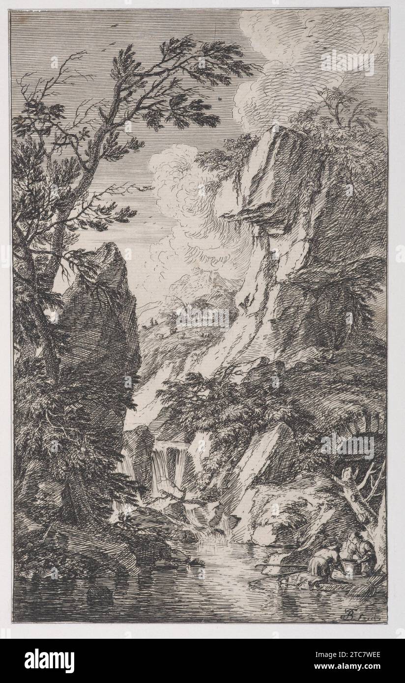 Plate 4: two fishermen on the bank of a stream at right, a waterfall at ...