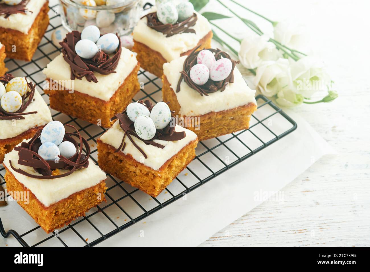 Easter carrot cake bars decorated with chocolate nest and chocolate ...