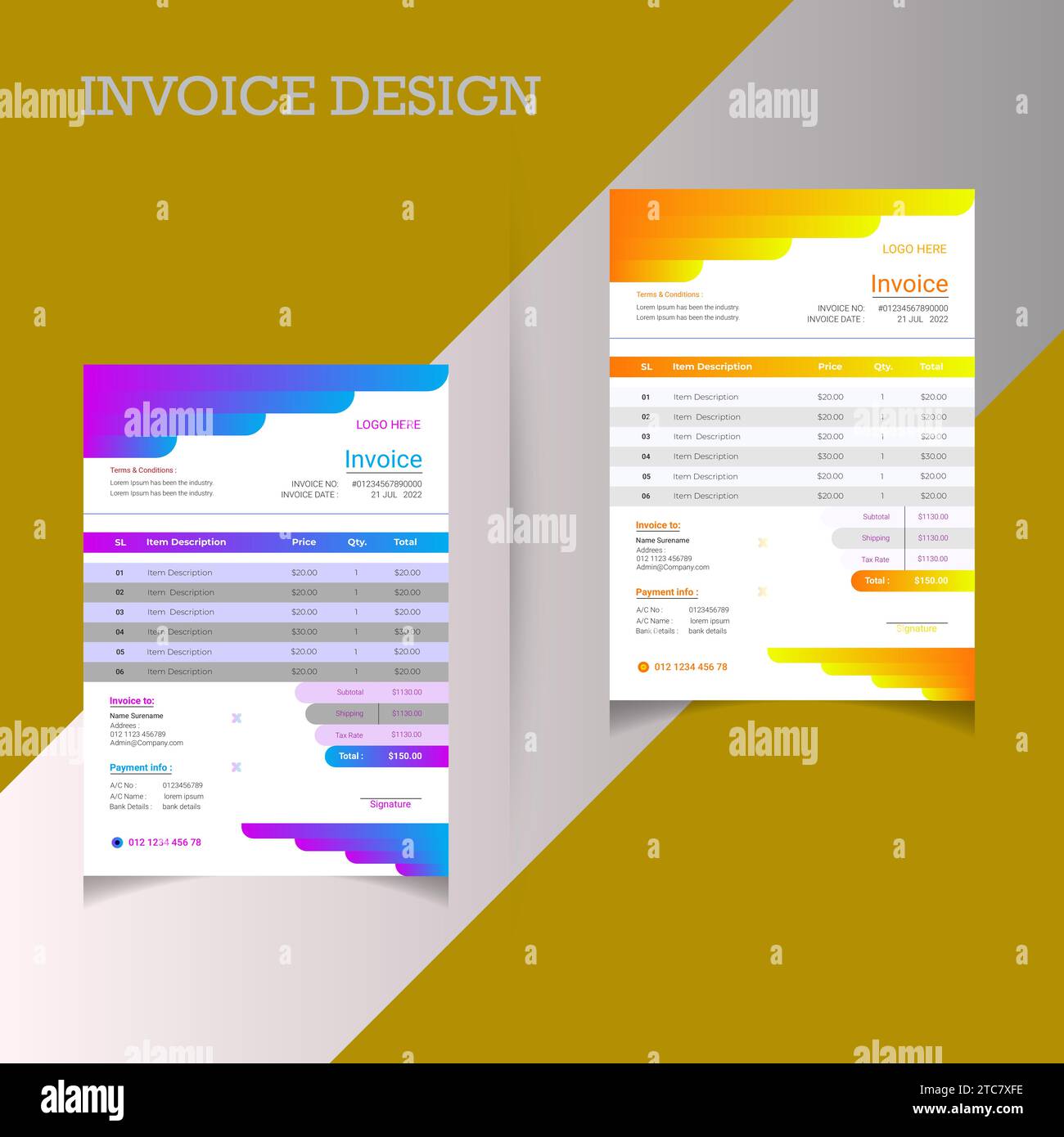 Professional Business Invoice form template. money bills or pricelist and payment agreement ...