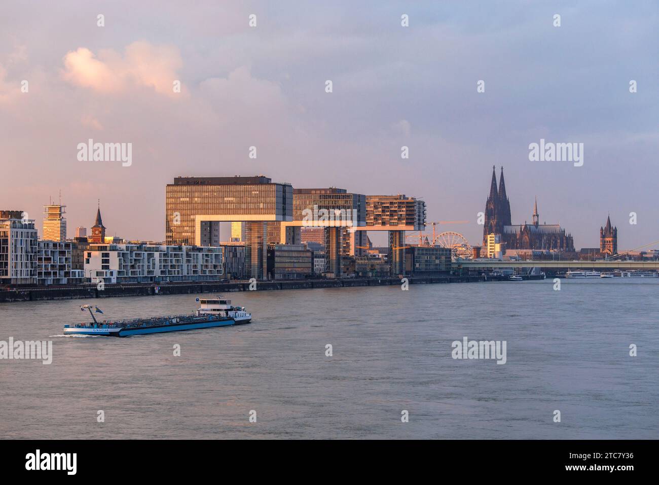 the river Rhine promenade in the Rheinau harbor, Crane Houses, the ...