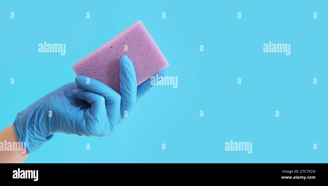 Purple dishwashing sponge in a woman's hand on a blue background. A ...