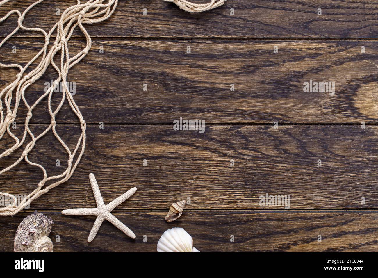 Fishing net and sea shells on old oak board background with copy space ...