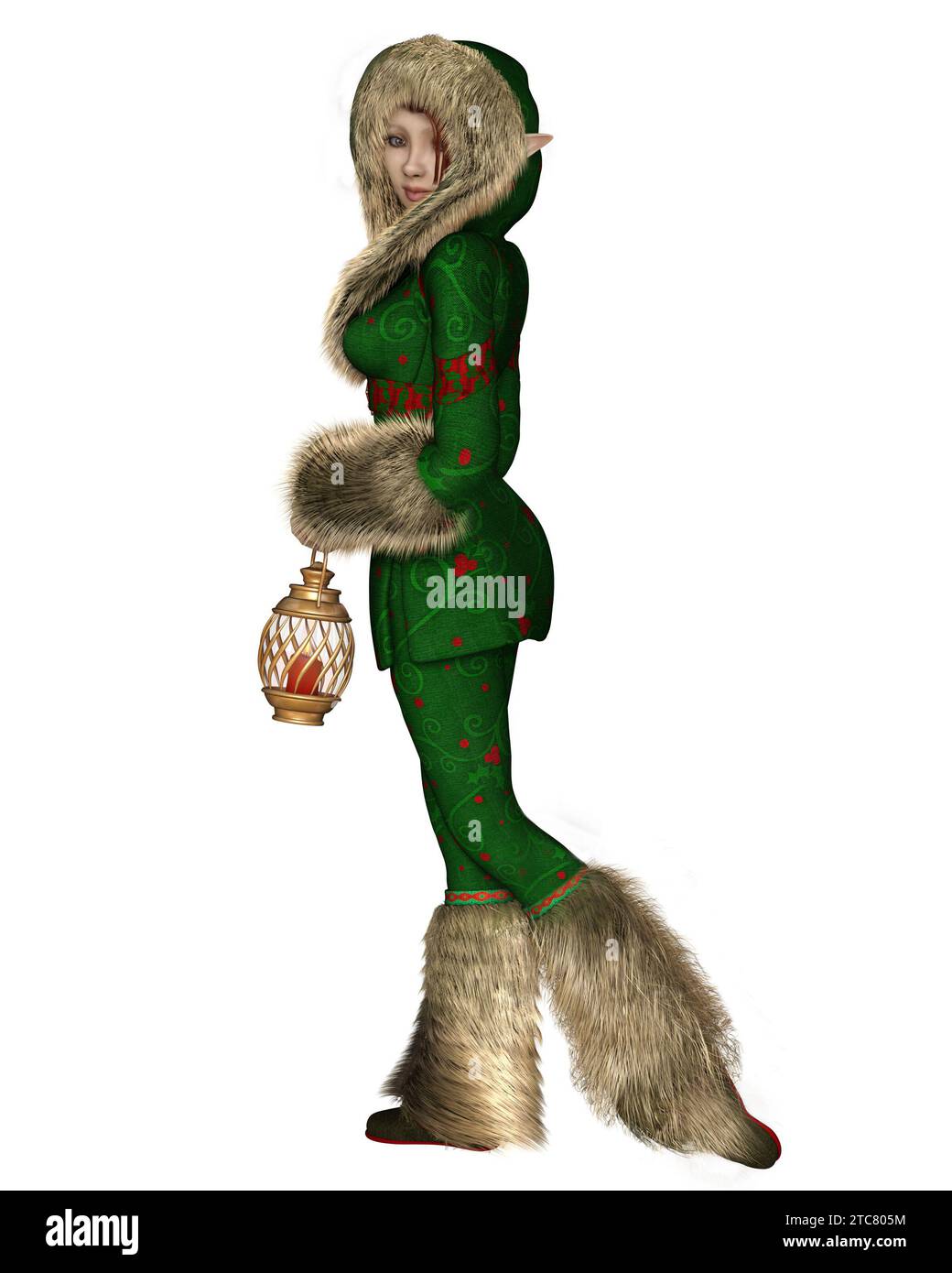 Christmas Elf Girl in Green and Red Holly Outfit, Side View Stock Photo ...