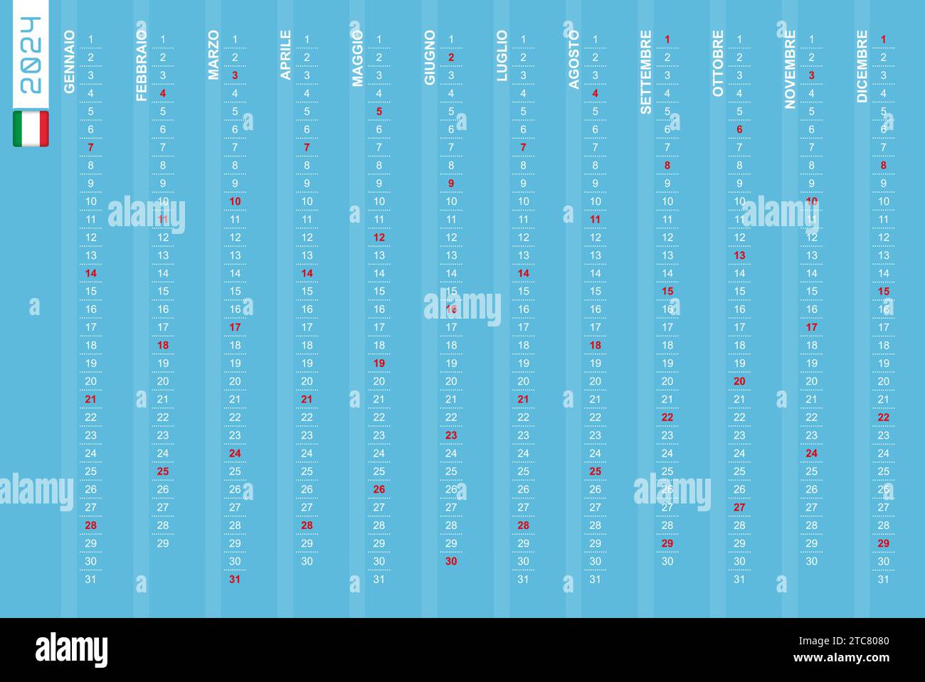 One-row vertical calendar for the year 2024 in Italian. Italian ...