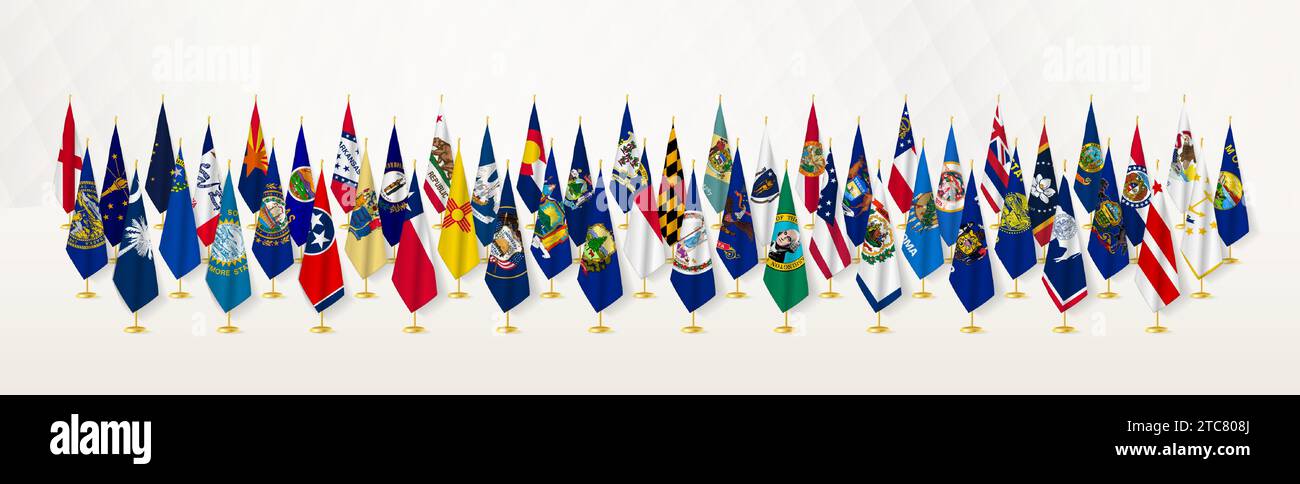 All US states in four lines on a flag stand. Big states flag collection ...