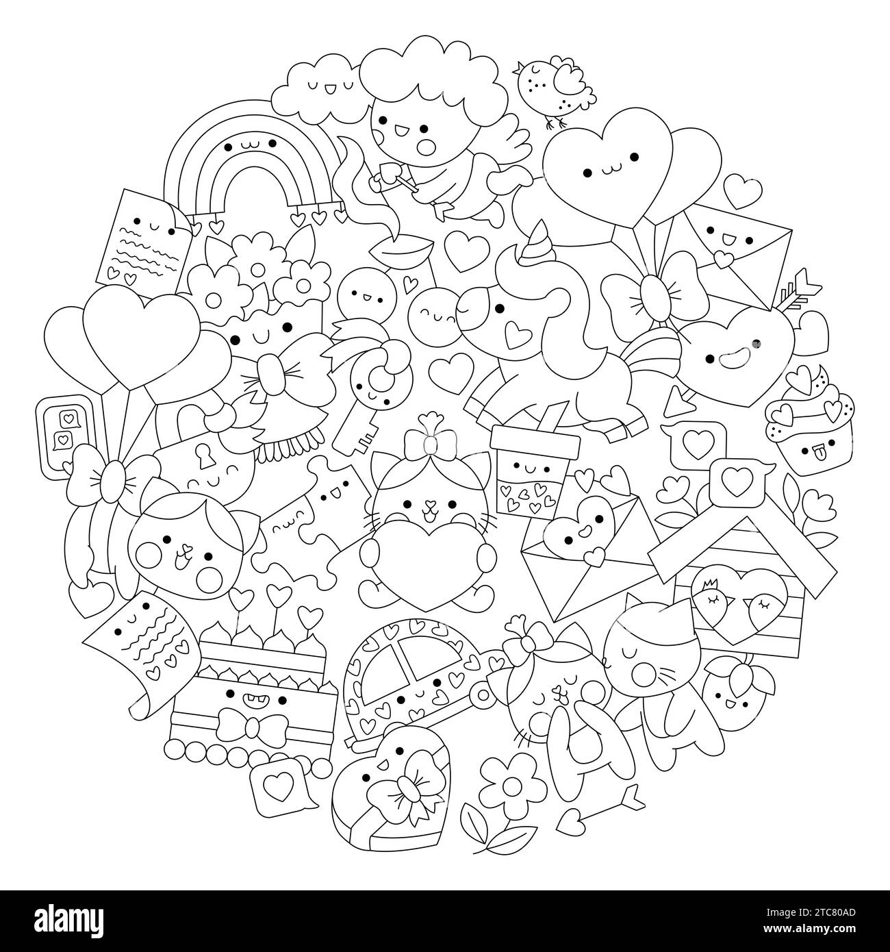 Vector Saint Valentine round line coloring page for kids with cute ...