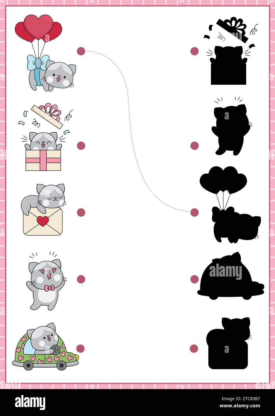 Saint Valentine shadow matching activity with cats. Love holiday shape ...