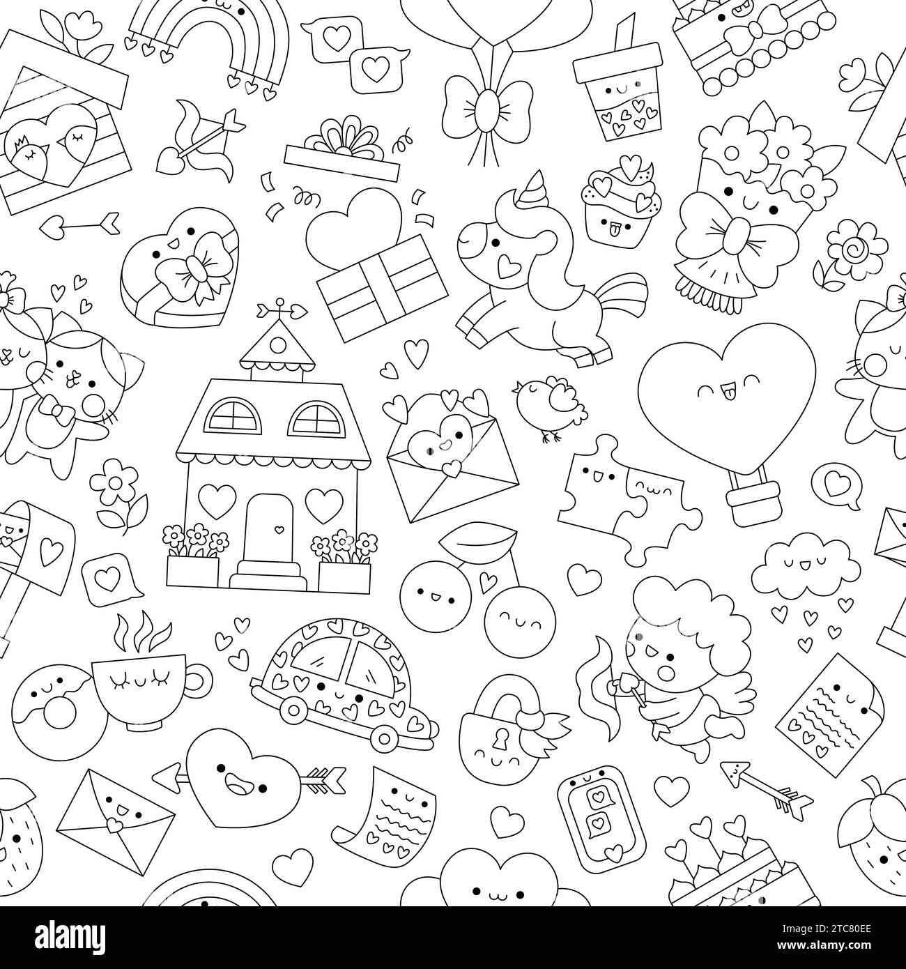 Vector black and white kawaii Saint Valentine seamless pattern for kids ...
