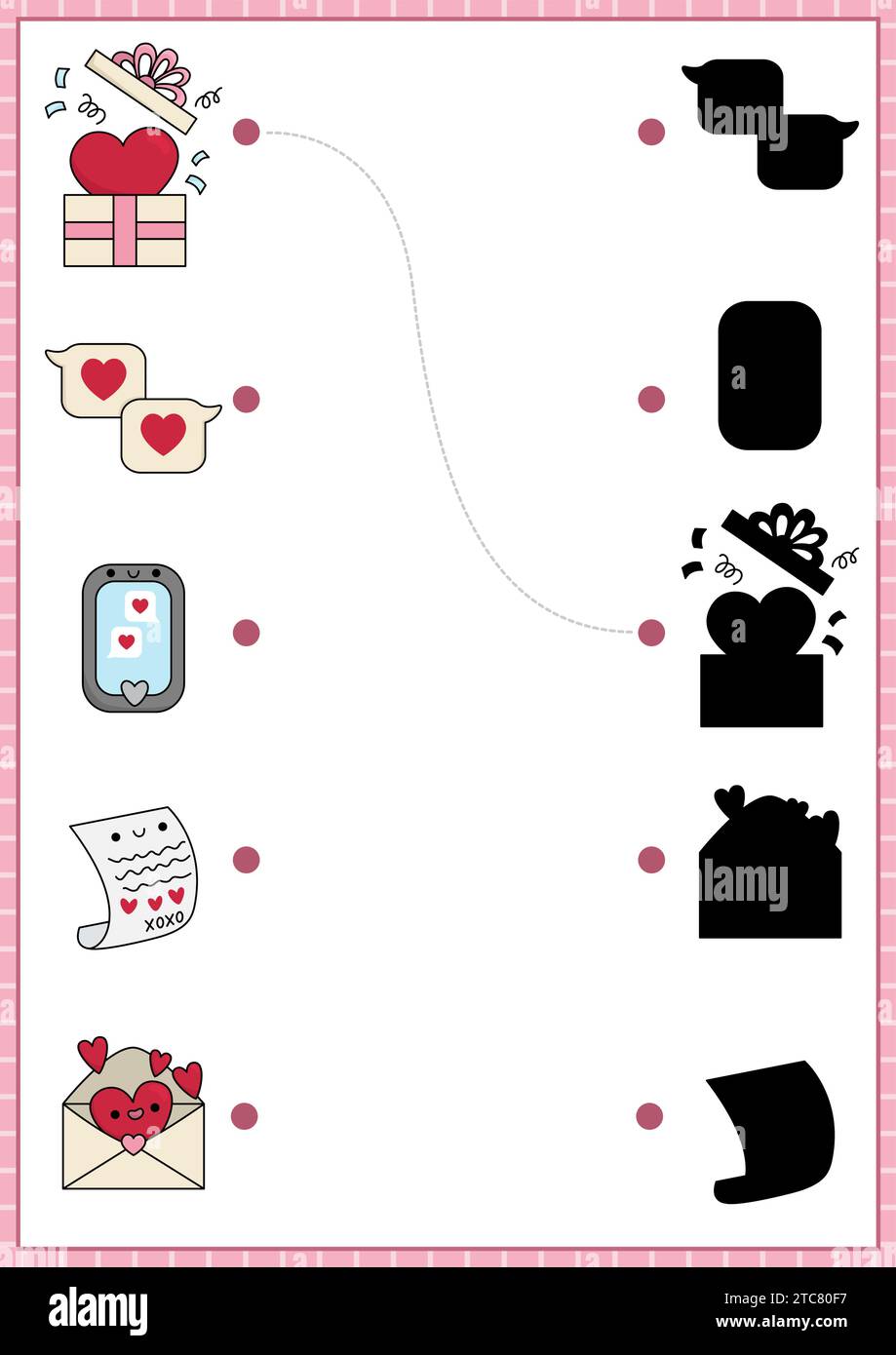 Saint Valentine shadow matching activity. Love holiday shape ...