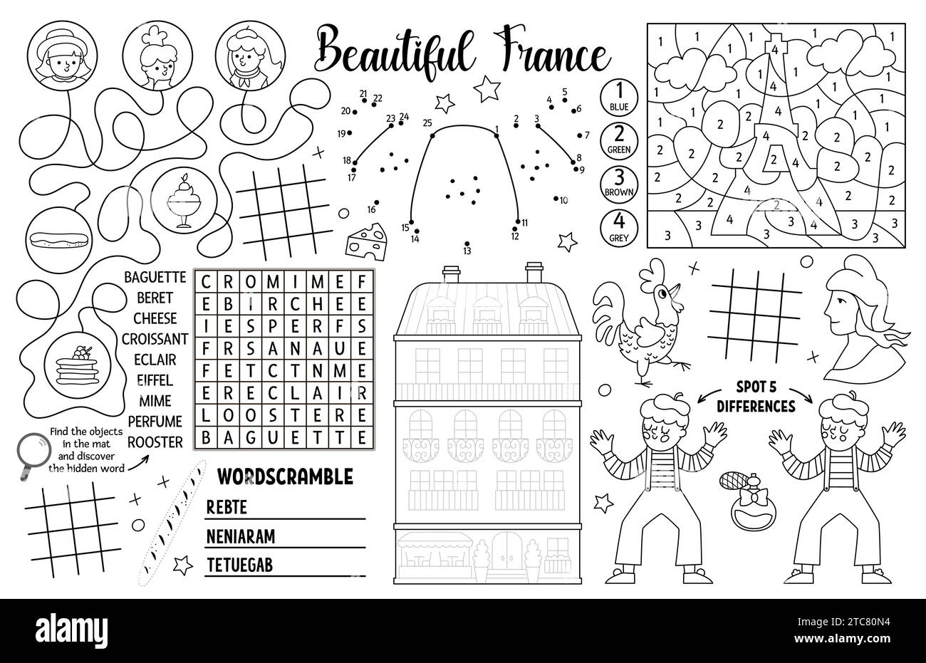 Vector France placemat for kids. French printable activity mat with ...