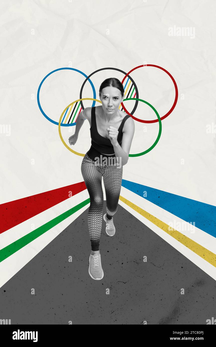 Vertical creative collage image serious fast strong young woman runner ...