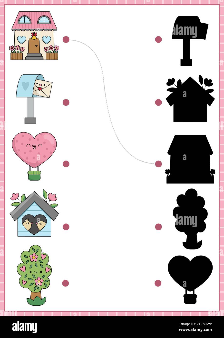 Saint Valentine shadow matching activity. Love holiday shape ...