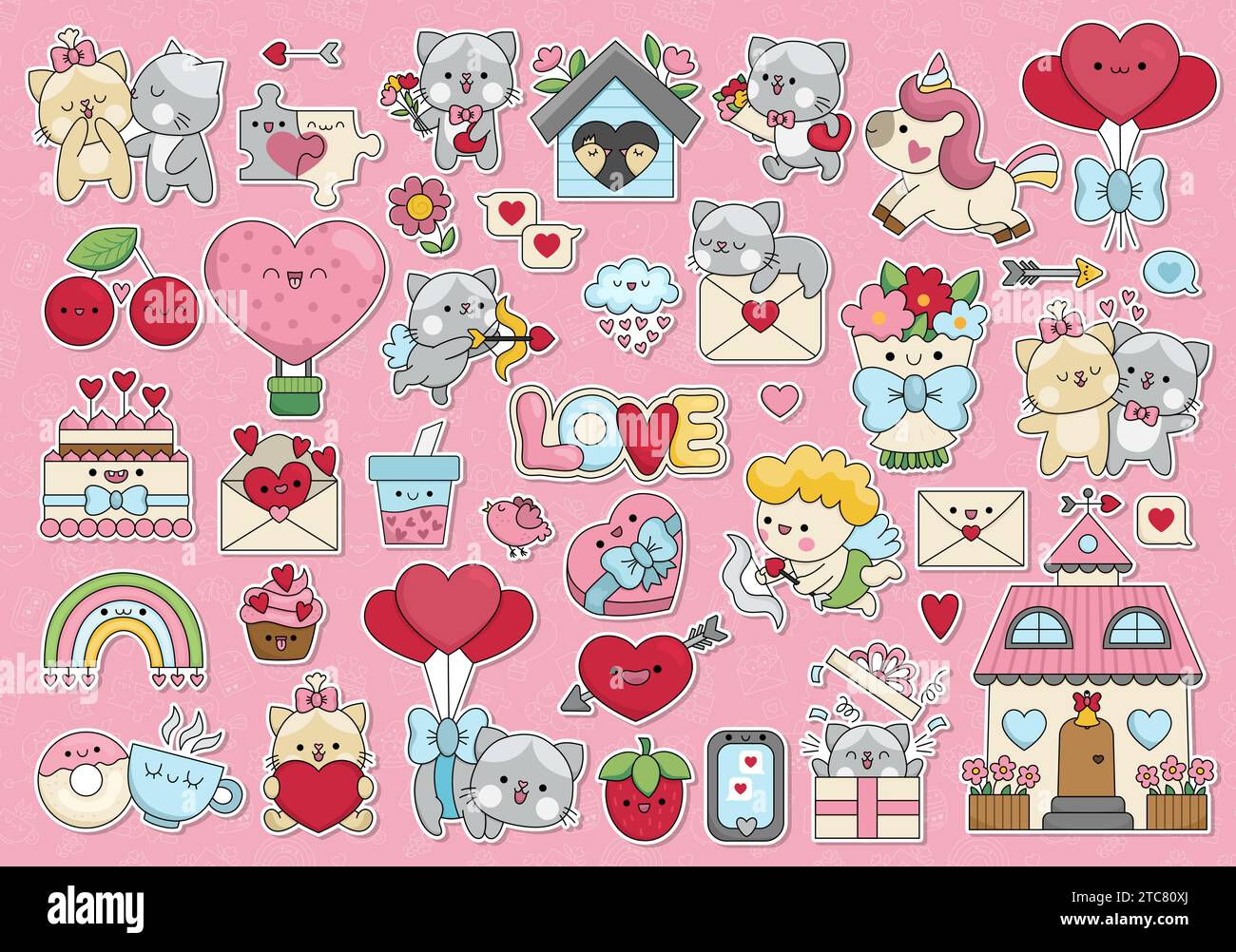Vector Saint Valentine stickers with cute kawaii characters ...