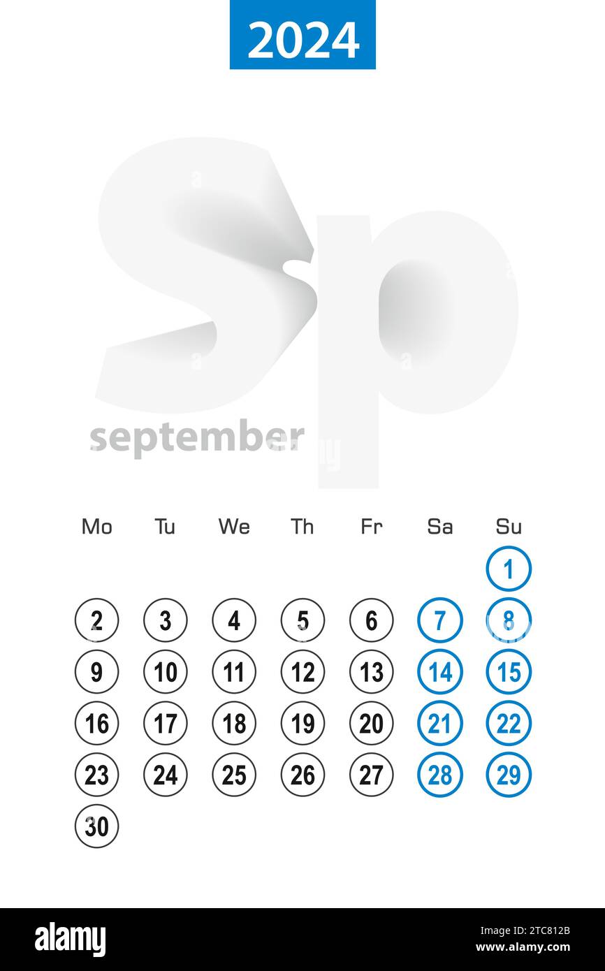 Calendar for September 2024, blue circle design. English language, week ...
