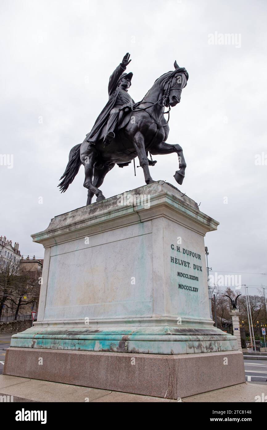 Bronze equestrian statue of General Dufour in uniform raising his right ...